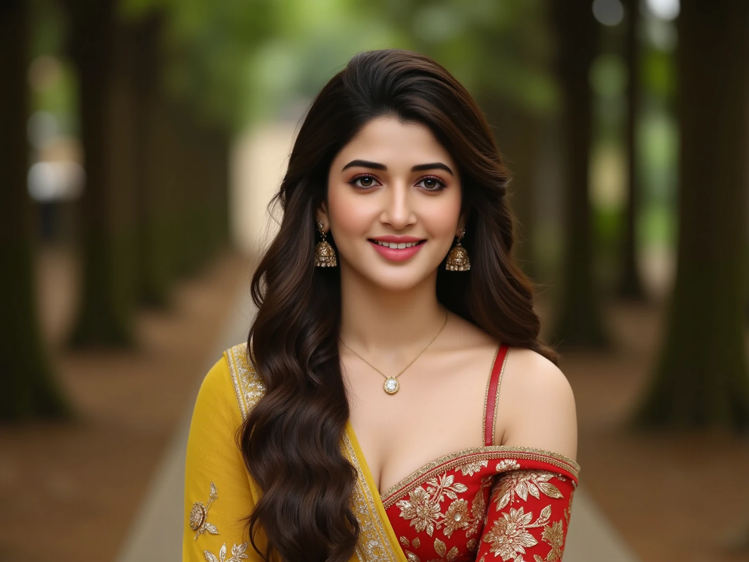 Daytime view, close up shot of vedhika from front view, wearing saree ...