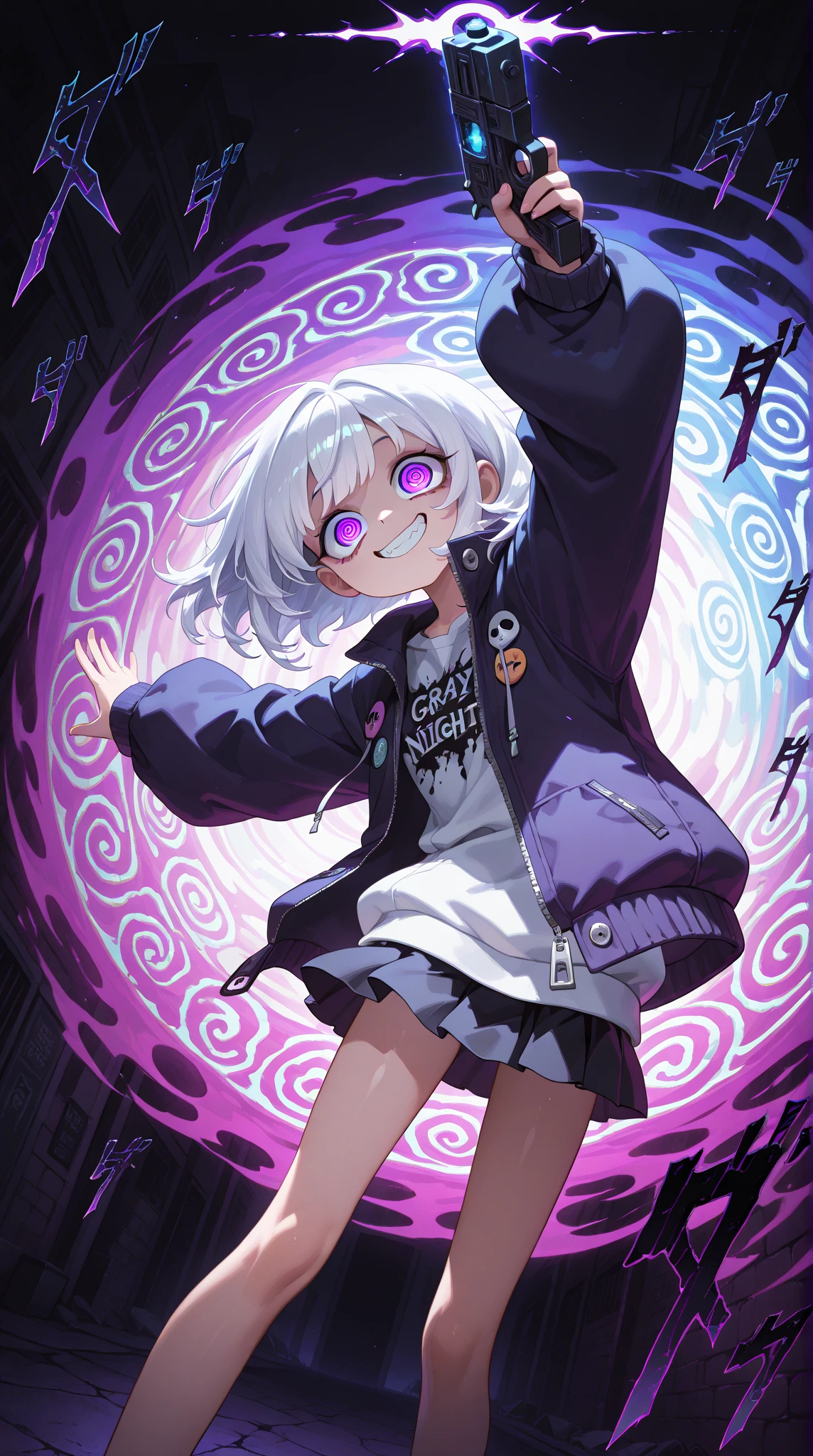 Close up shot,crazy lady eyes, crazy hypnotic spiral eyes, white hair ...