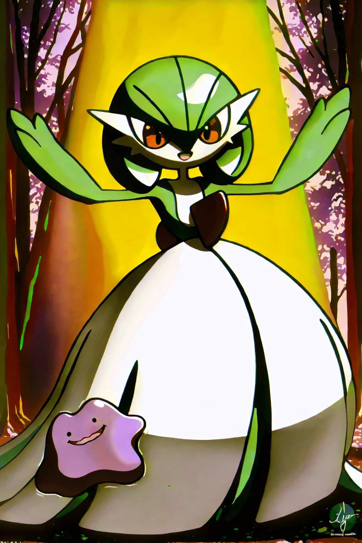 "An anime-style illustration of Gardevoir from Pokémon, her elegant ...