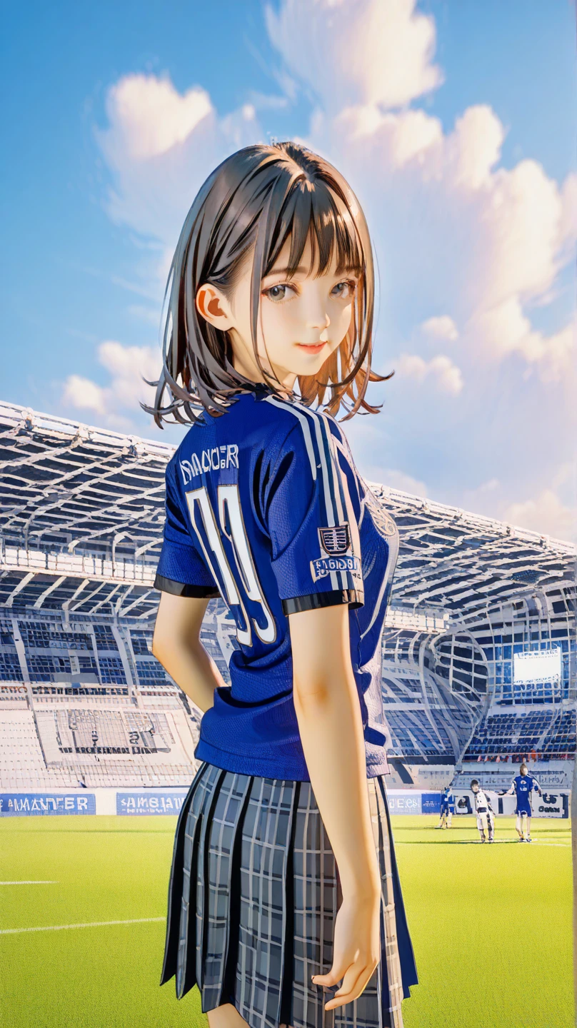 A young woman standing by a railing on the edge of a soccer field ...