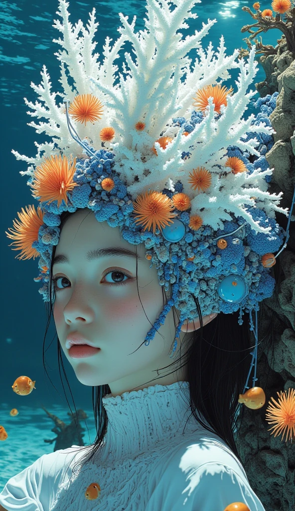 Impressive headpiece made of white and light blue coral, orange accent ...
