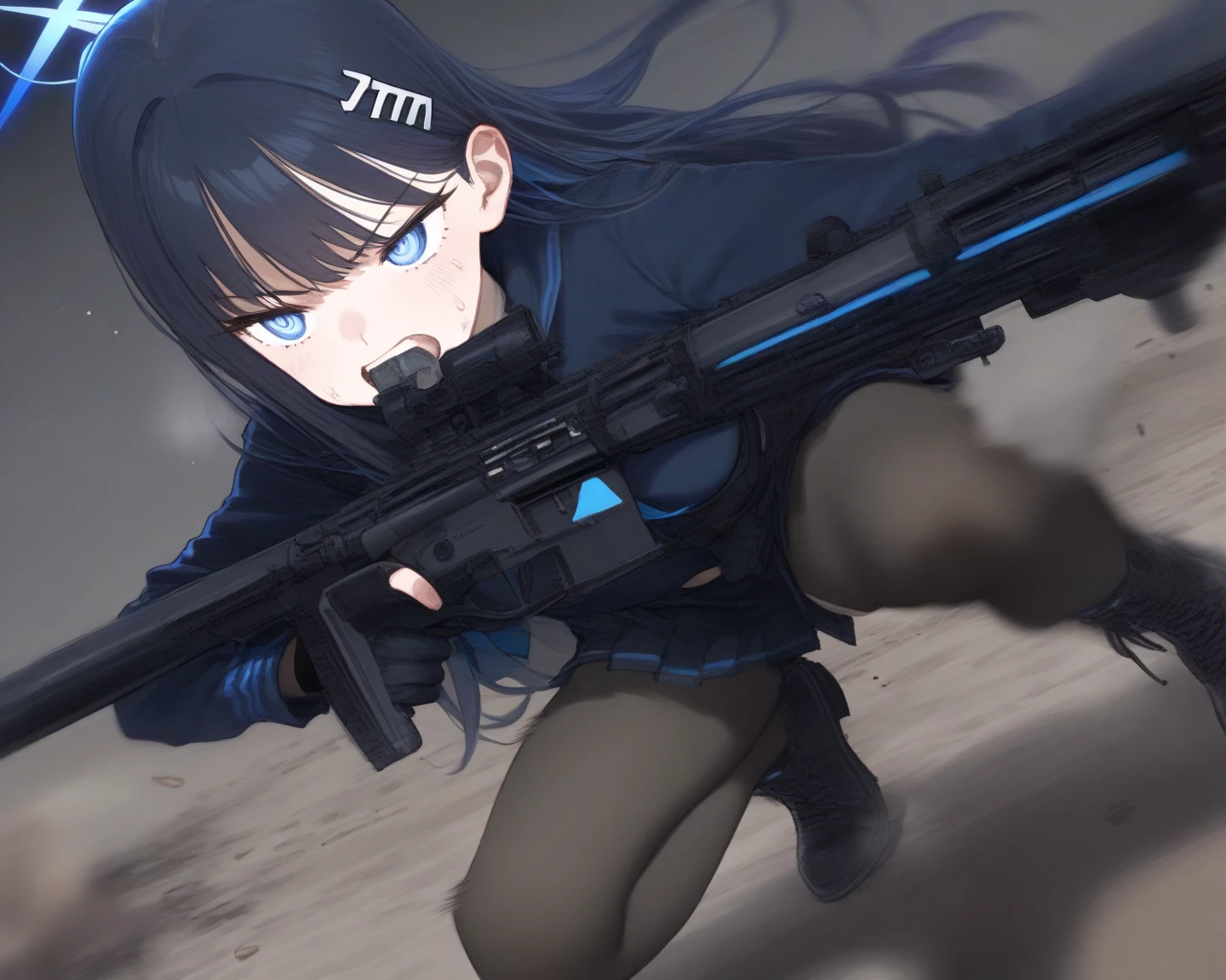 Black-haired girl in aggressive pose with gun alone - SeaArt AI