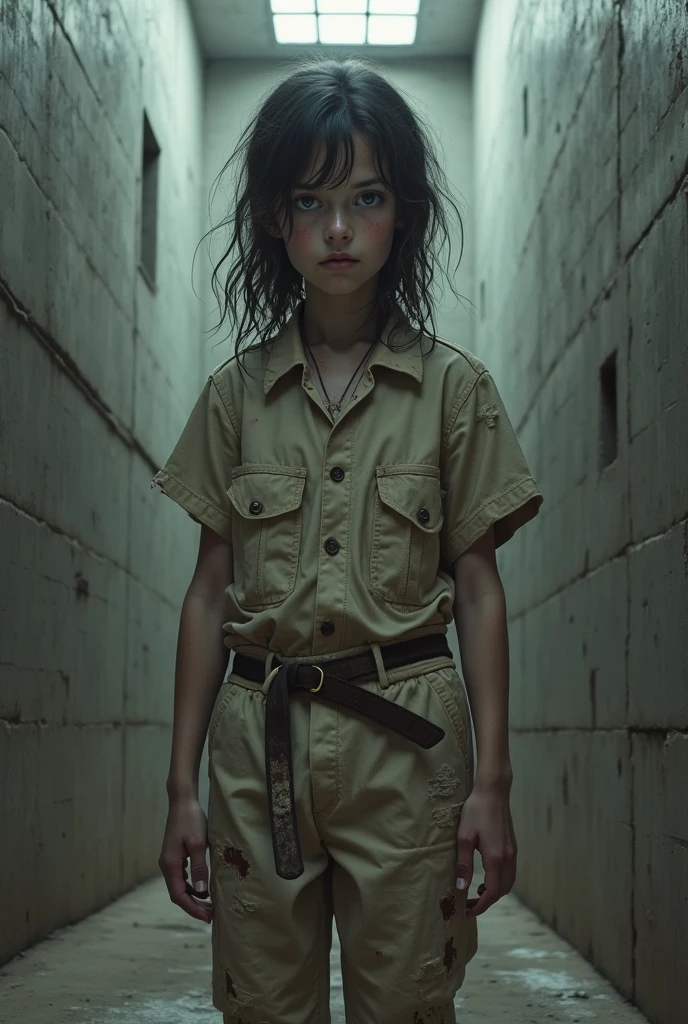 Young girl in prison in a ripped tight dirty prison uniform - SeaArt AI