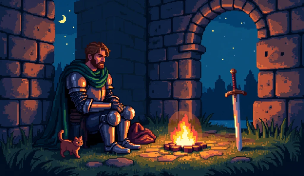 A lone medieval knight and his cat sits against an ancient stone wall ...