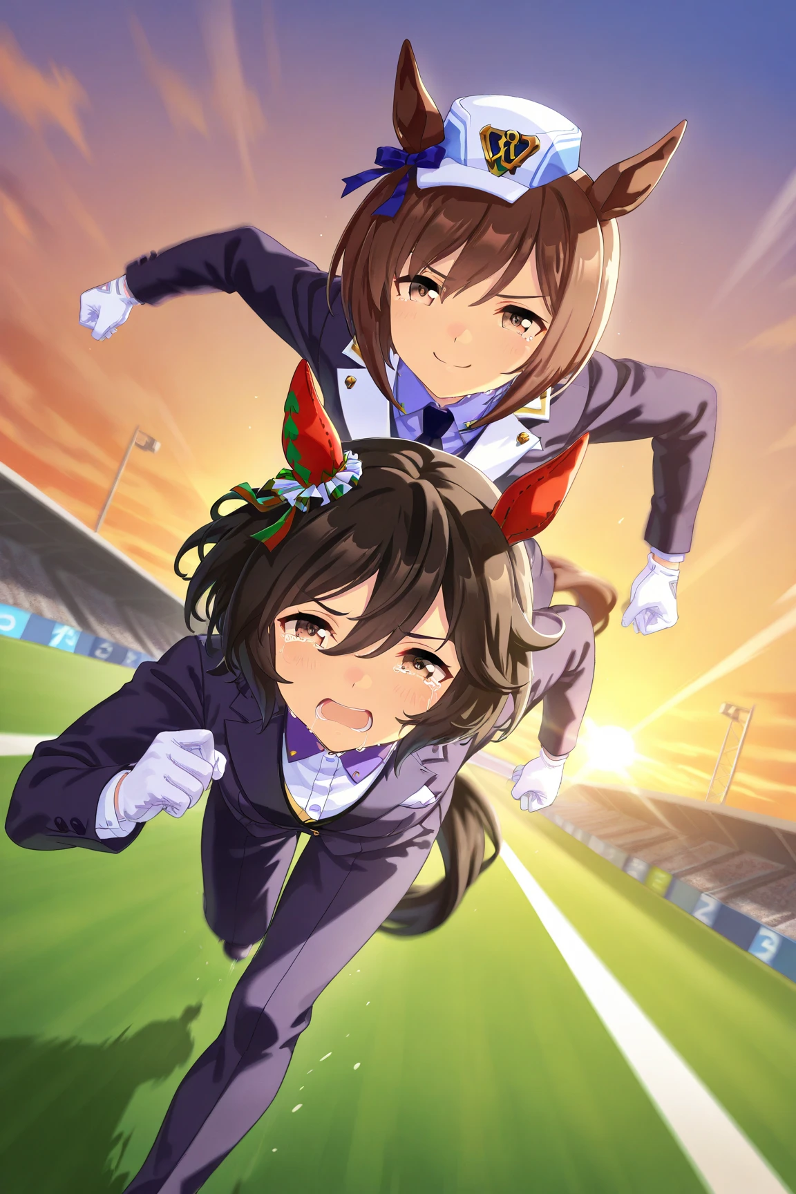 Anime style,dutch angle,Looking ahead,clear sky,Sunset,((grass horse ...