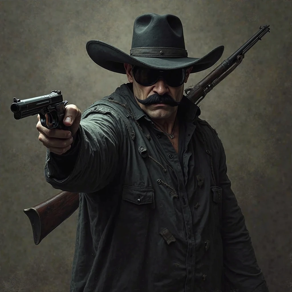 A man, paranormal order art style, cowboy hat, black hat, a mask ...