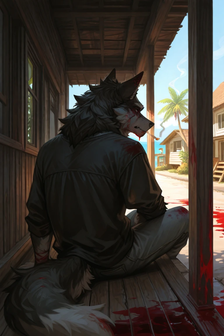 Furry wolf adult male character,calm assassin face,smoking a cigarette ...