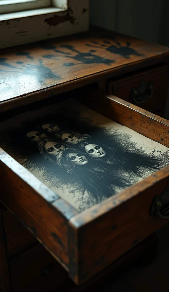 An antique wooden desk drawer slightly ajar, inside lies a haunted ...