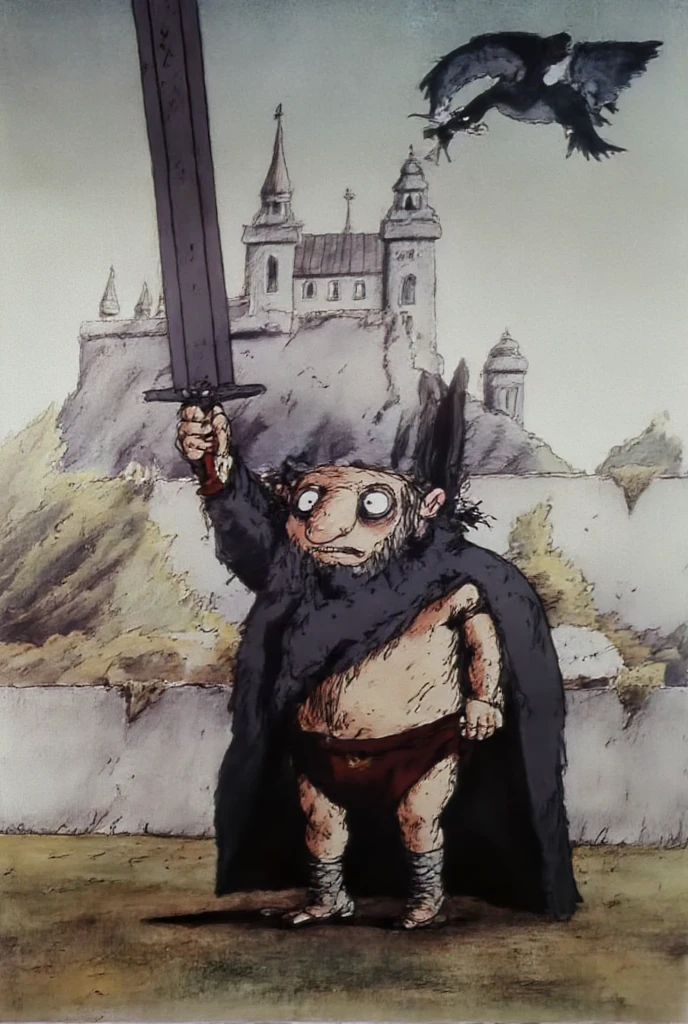 An elderly barbarian with a waist-length gray beard, thin and tall ...