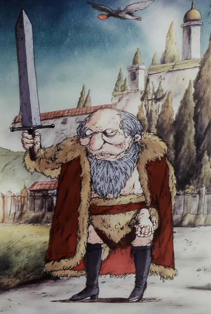 An elderly barbarian with a waist-length gray beard, thin and tall ...