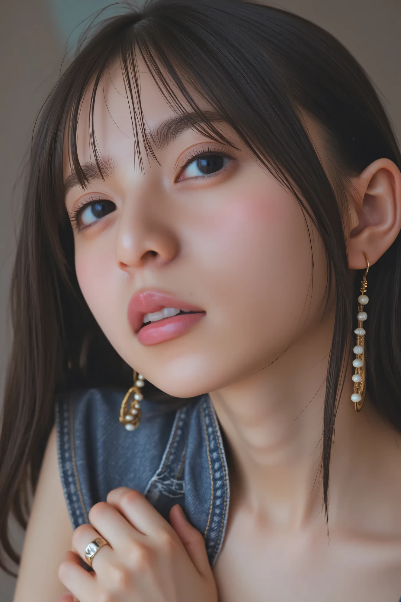 A close up of a woman wearing a denim dress and earrings - SeaArt AI