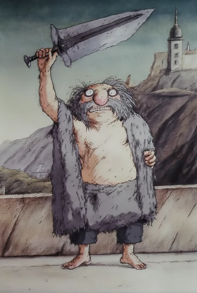 An elderly barbarian with a waist-length gray beard, thin and tall ...