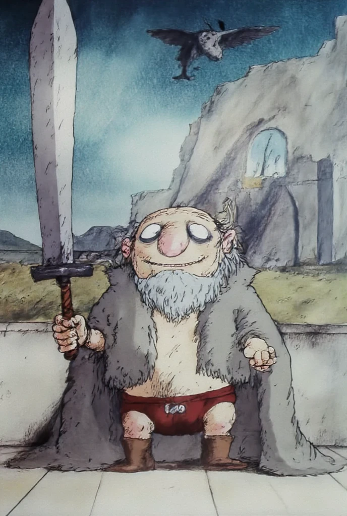 An elderly barbarian with a waist-length gray beard, thin and tall ...