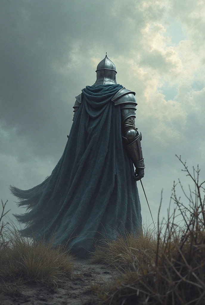 "A lone medieval knight stands on a hilltop, gazing at the distant ...
