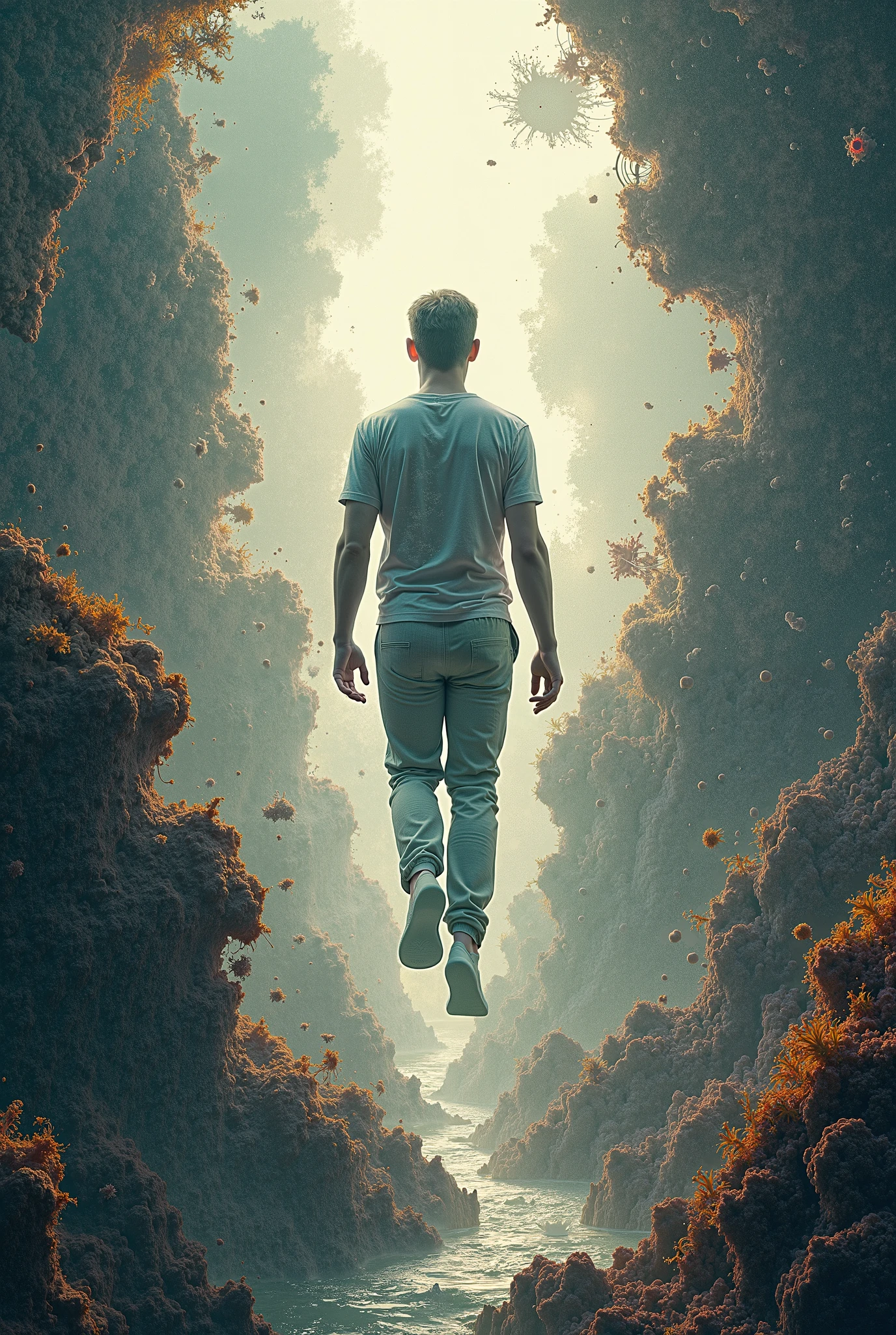 It generates an image of a man floating, seeing his different realities ...