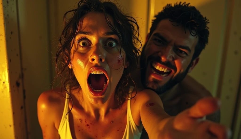 A hyper-realistic, cinematic horror scene featuring a close-up of a terrified wo - SeaArt AI