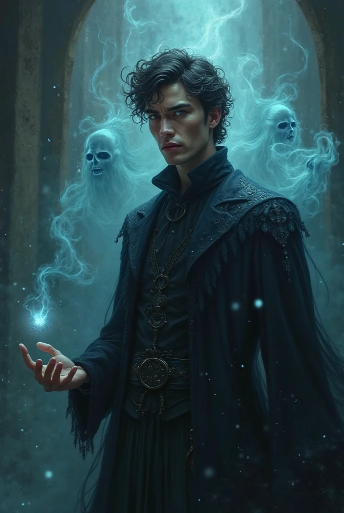 Male Handsome Guy necromancer Ghosts Lock Slightly curly hair blue eyes ...
