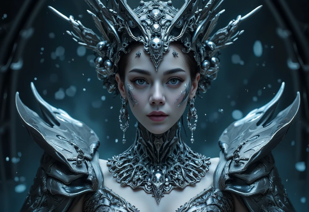 The image presents a stunning hyper-realistic portrait of a futuristic ...