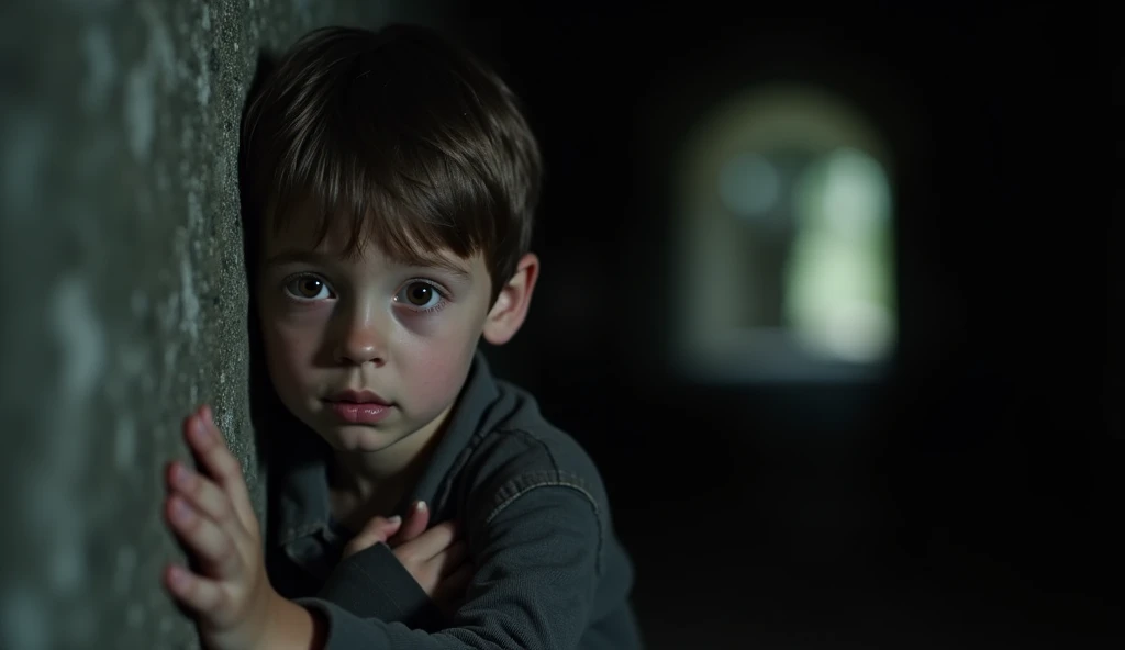 A realistic close-up of the two boys hiding in fear beside a tunnel ...