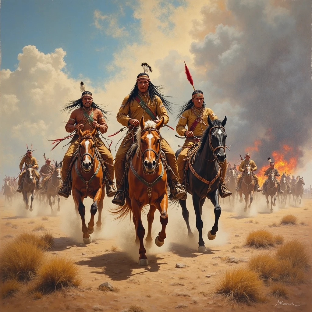 A powerful, realistic oil painting on canvas showing three Apache ...