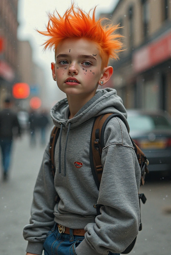 Orange spiky hair, nose piercing, braces on teeth, tall, blue skinny ...