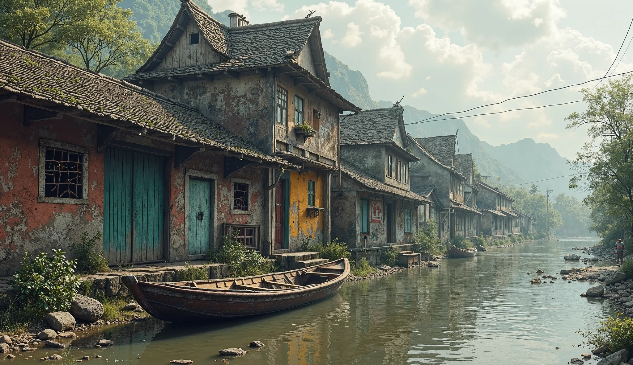 Dirty river with traditional buildings in poor condition attached to ...