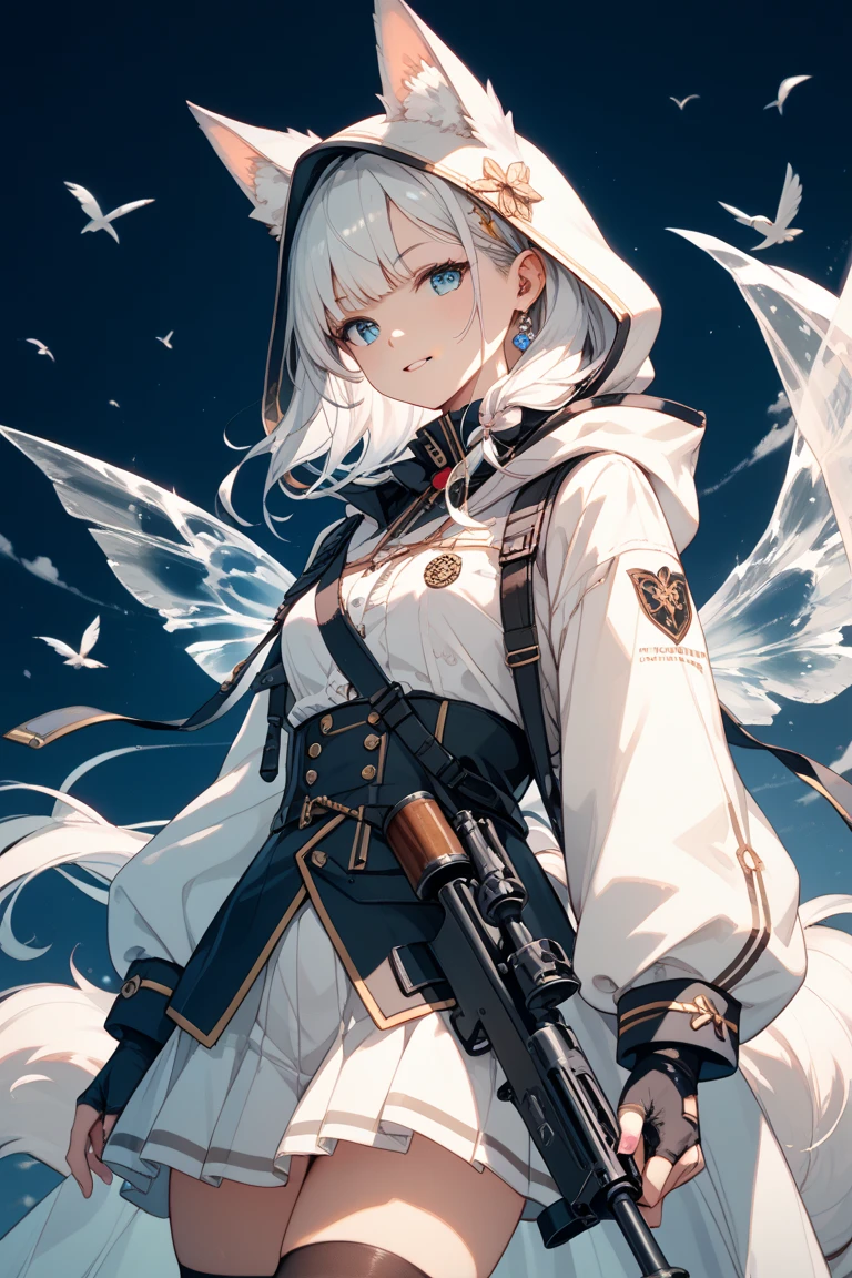 White fox x bird personification girl。has transparent wings but can ...