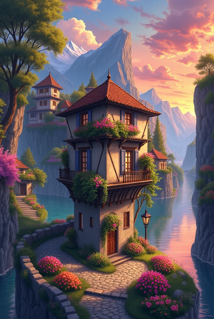 A small riverside village, mountains in the background, colorful ...