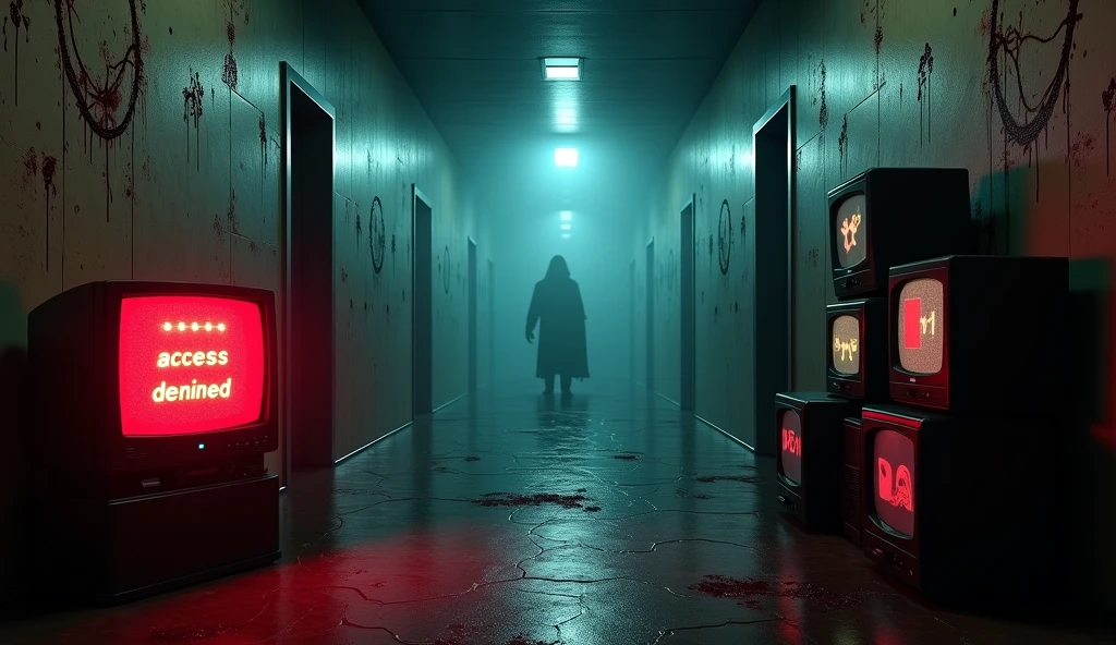 A long, narrow hallway disappearing into darkness, walls cracked and ...
