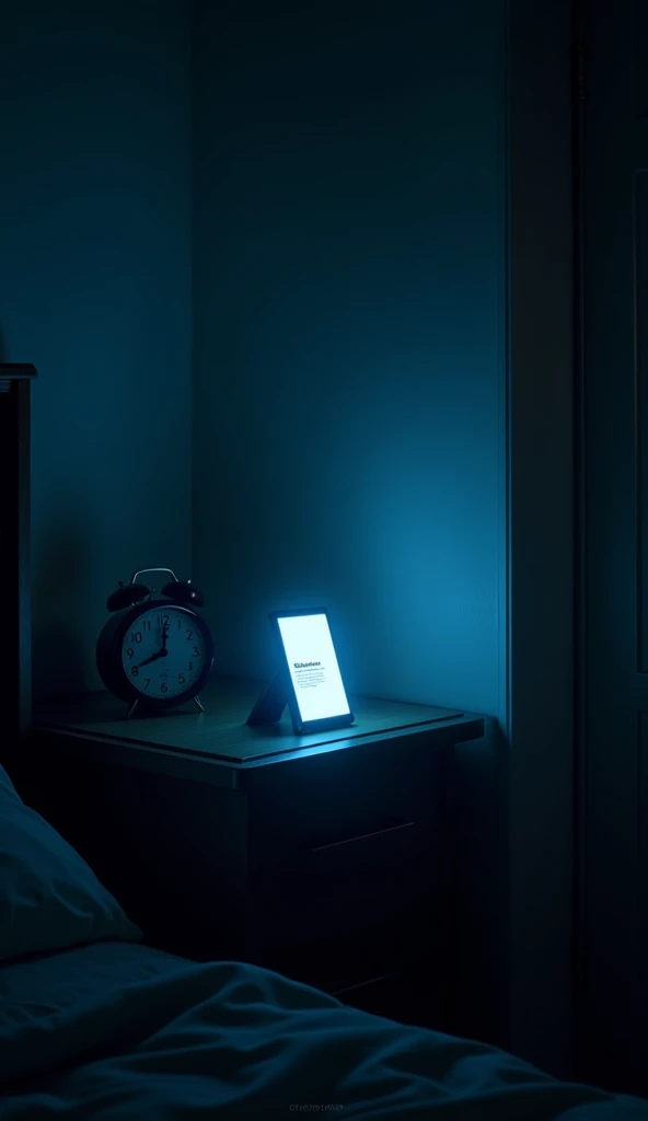 A dark room, illuminated only by the faint blue light of a cell phone ...