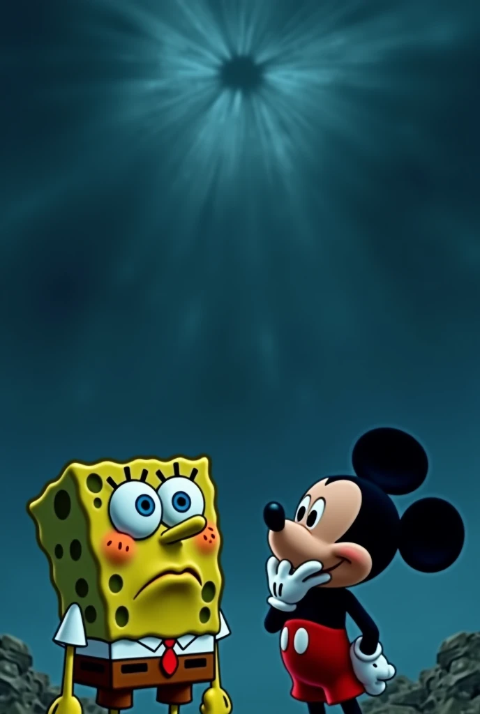 SpongeBob and Mickey Mouse are standing, looking up at the sky with ...
