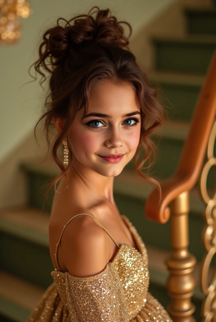 Generate the image of a green-eyed brunette girl, At your XV party ...