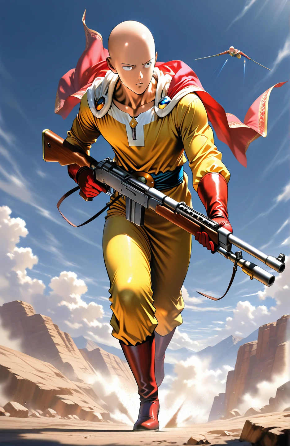 A portrait of man, bald,Saitama , full body , tall, arabian outfit ...
