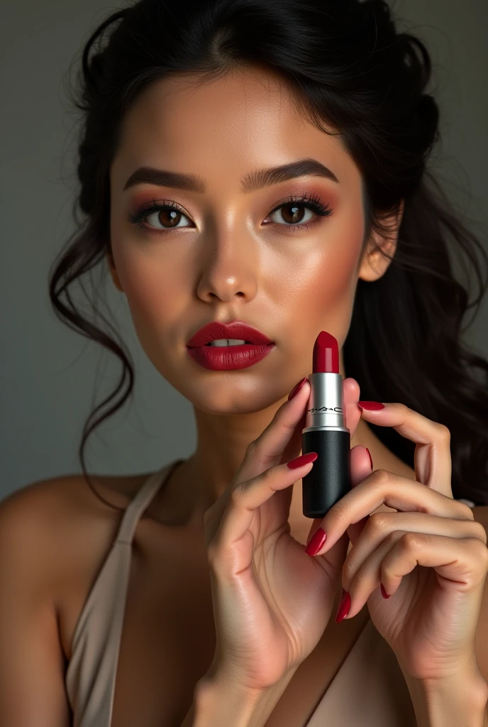 Image of an elegant, made-up model holding a Mac lipstick - SeaArt AI