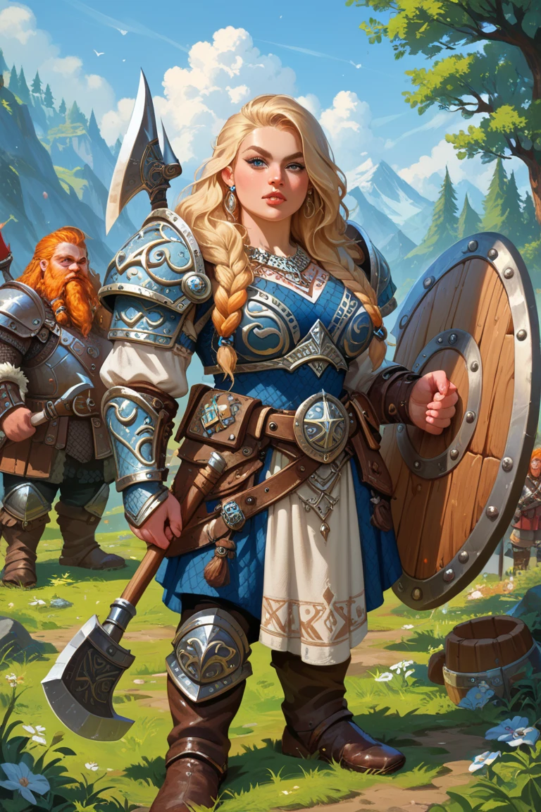 Blonde female dwarf with axe and shield heavy armor with helmet - SeaArt AI