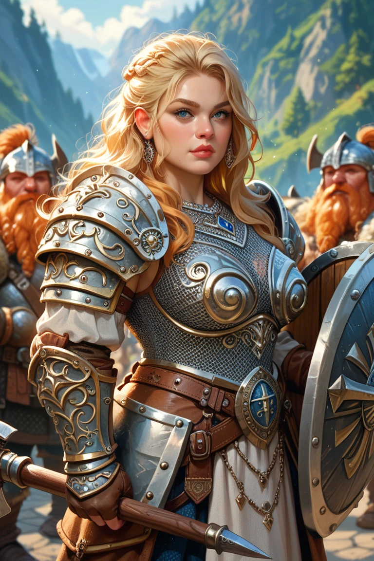 Blonde female dwarf with axe and shield heavy armor with helmet - SeaArt AI