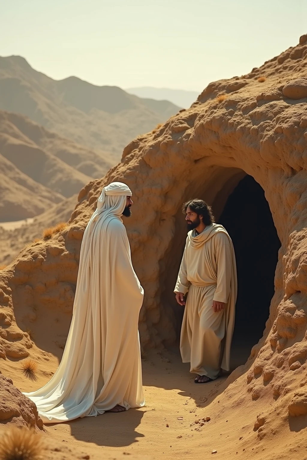 Desert, tall hills, hillside tomb, stone rolled away, 2men, facing ...