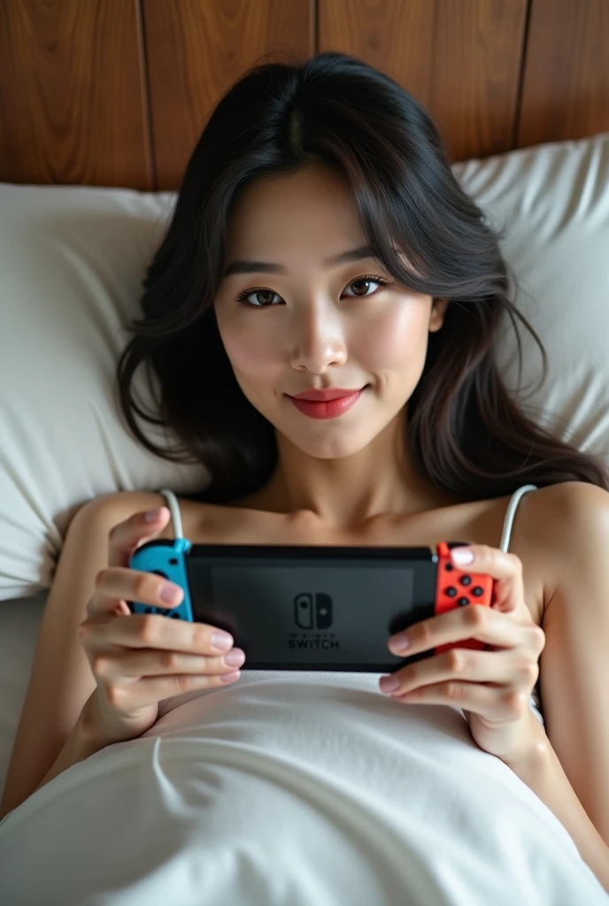 Beautiful korean celebrity holding nintendo switch oled on bed - SeaArt AI