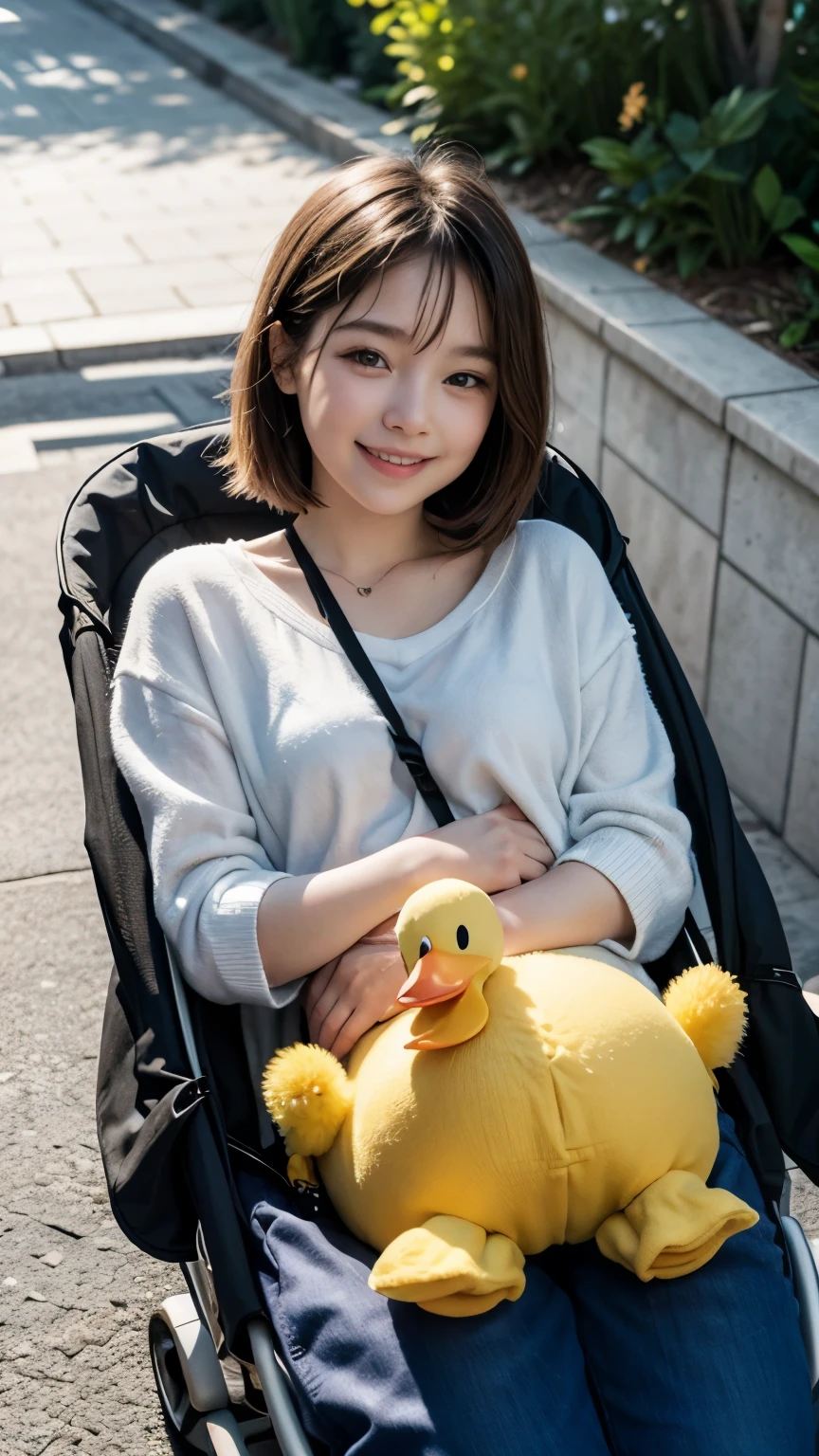 Smiling Disney-style baby pushing a small yellow duckling that snuggles ...