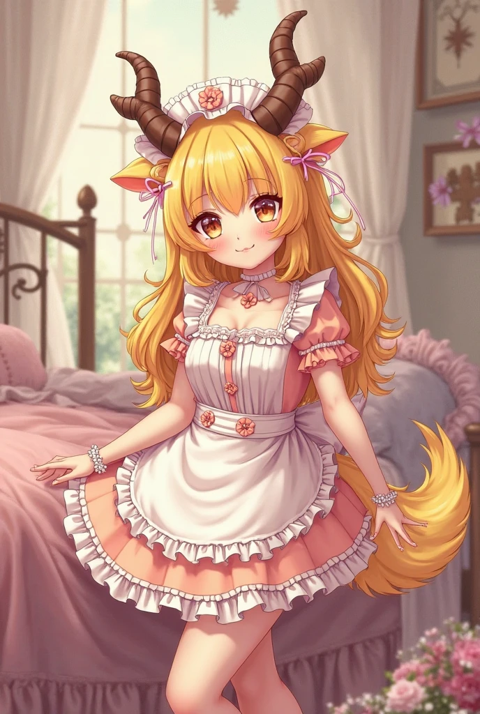 A demi-human goat animal with yellow fur in a cute pose and maid outfit ...