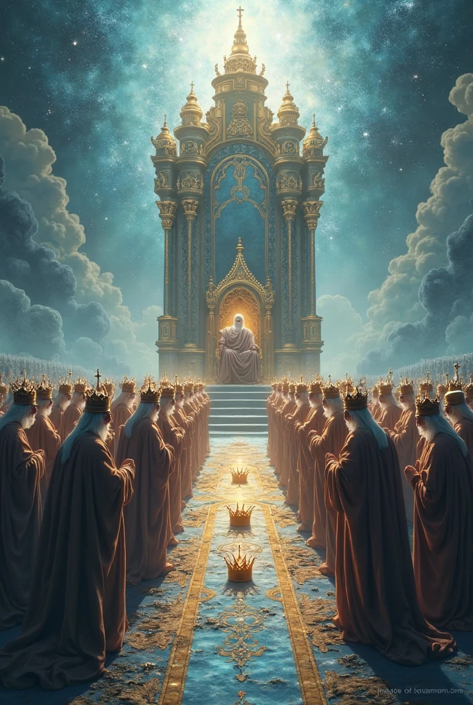 24 elders around a splendid throne, placing their crowns on the ground ...