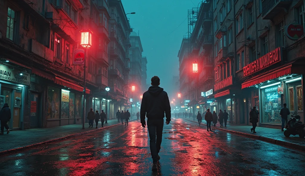 Cold war man walks on sidewalk in street in darkness at synth party occupied roa - SeaArt AI
