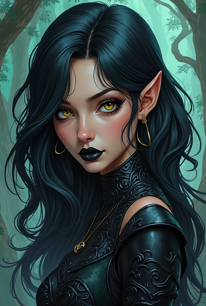 Une joilie elfe noir assassin, In full fantasy, with gold right eye the ...