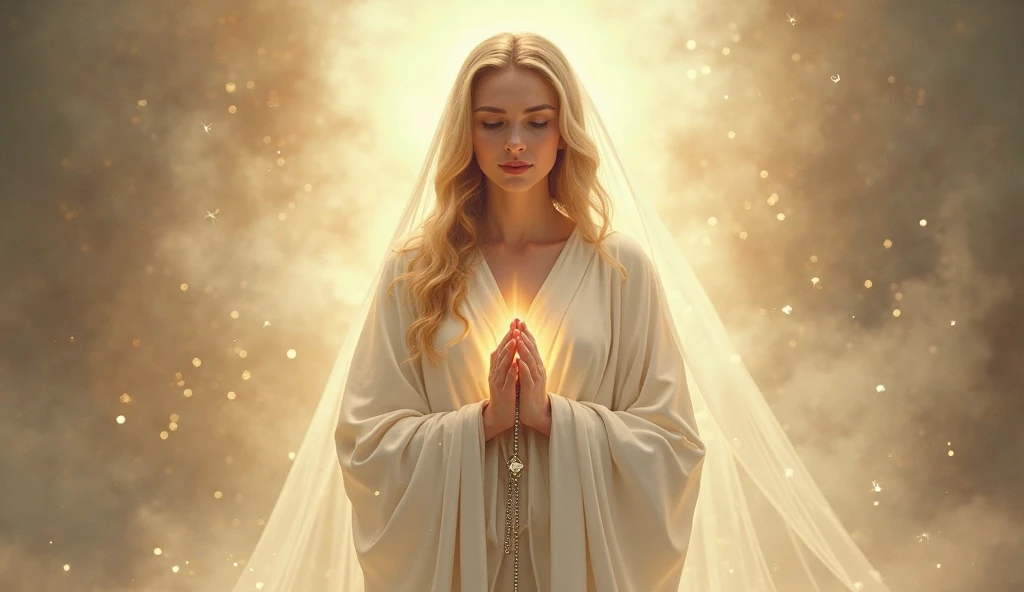 A woman in white robes holding a rosary, with a white aura of ...
