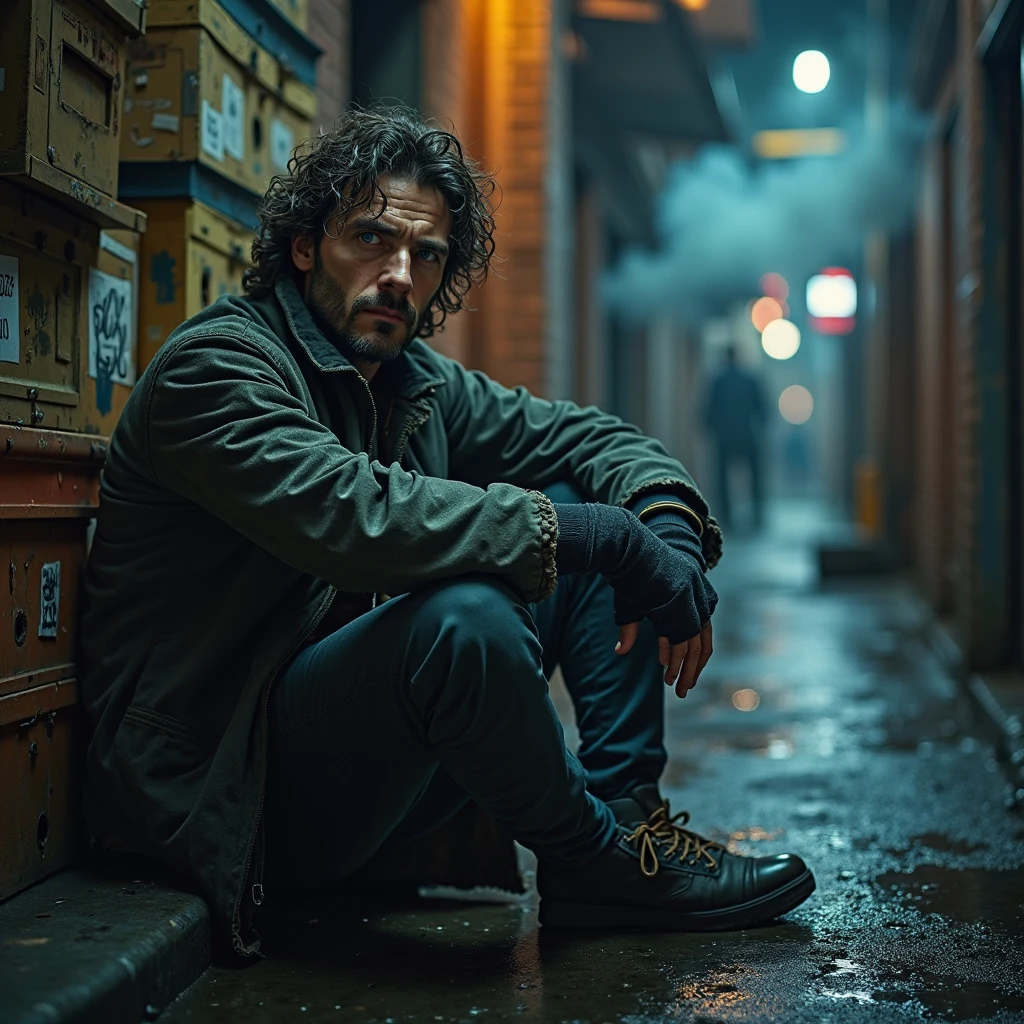"A hyper-realistic 8K cinematic portrait of a rugged homeless man in ...