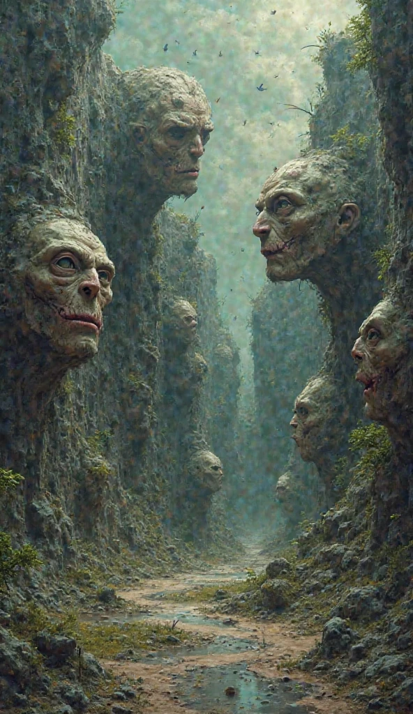 A surreal landscape blending reality and nightmare—distorted faces ...