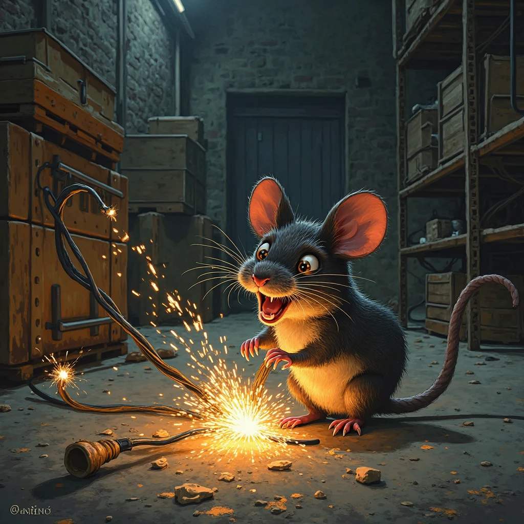 Illustration of a mouse biting a cable with sparks, in a warehouse or ...