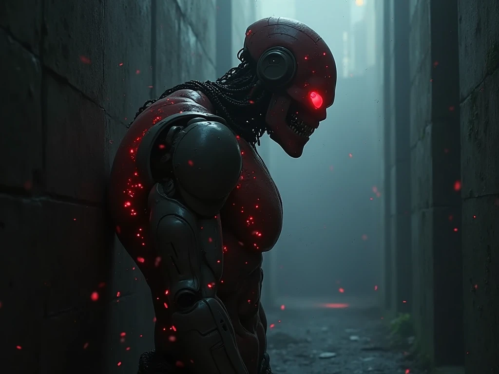 Hidden shadow of a menacing skinless mechanical humanoid with a reddish ...