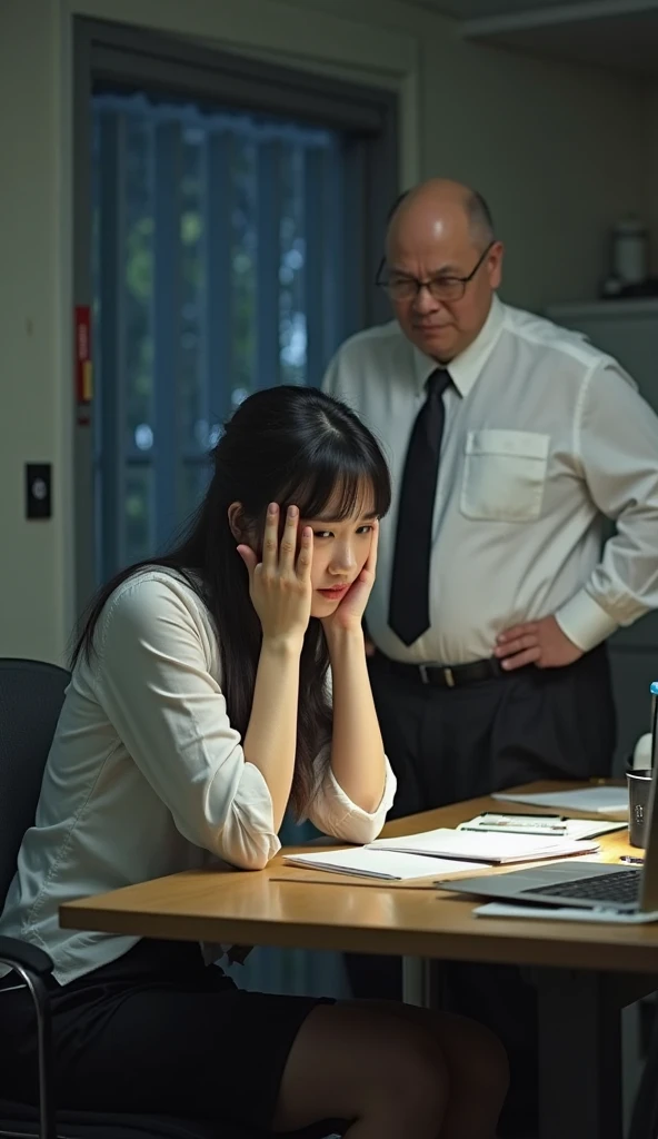 An uncomfortable and pretty Japanese lady, wearing a white office shirt ...