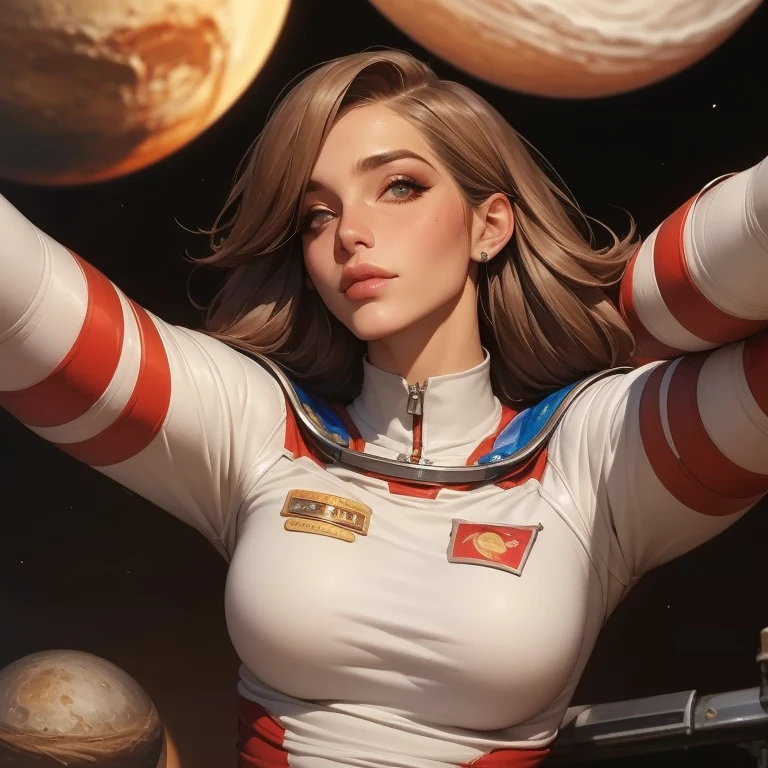 A close up of a female astronaut with open arms looking fixedly at the viewer - SeaArt AI